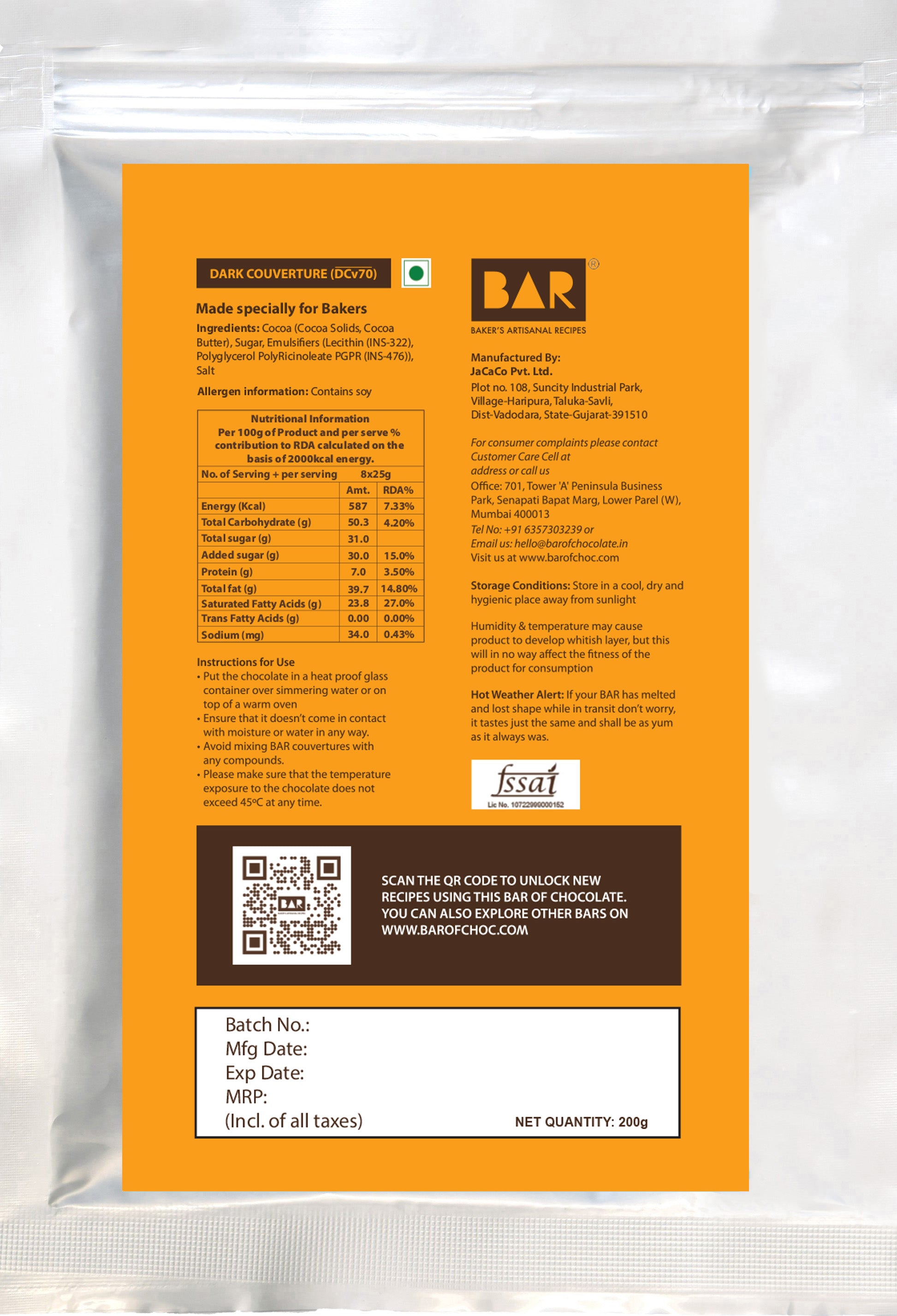 BAR70 Dark Couverture (70% Cocoa) - BAR of Choc – BAR (Baker's ...
